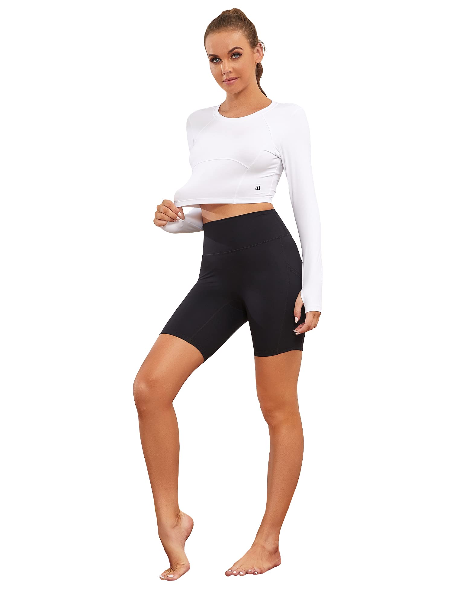 1a1a Long Sleeve Cropped Tops for Women Crewneck Thumbhole Workout Athletic White Medium