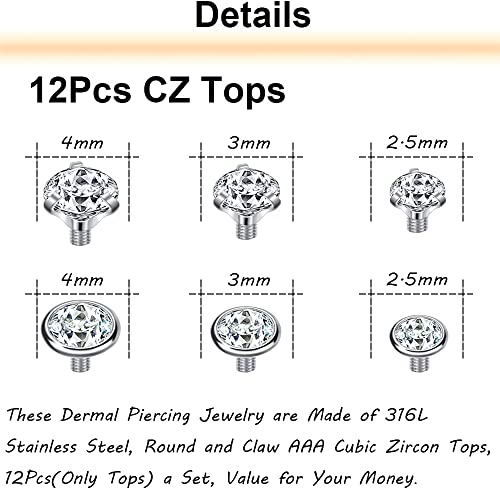14G 4-20Pcs Surgical Steel Dermal Piercing Jewelry Cubic Zircon Micro Dermal Anchor Tops Titanium Base Dermal Piercing