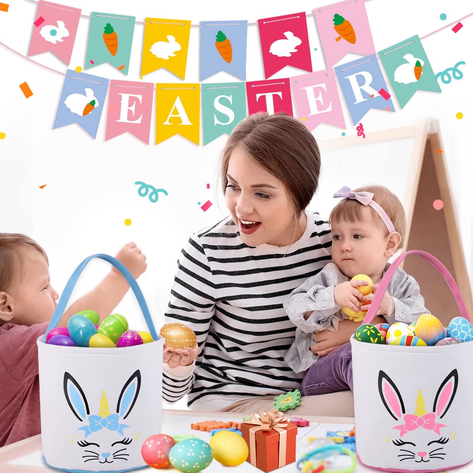 2PCS Large Easter Basket Empty for Teens Boys Girls Kids + Easter Banner + Pen, Bunny Personalized Easter Basket for Candy Stuffers Gifts Toys Egg Hunt Tote Bag Bucket, Party Favors Easter Basket Bulk