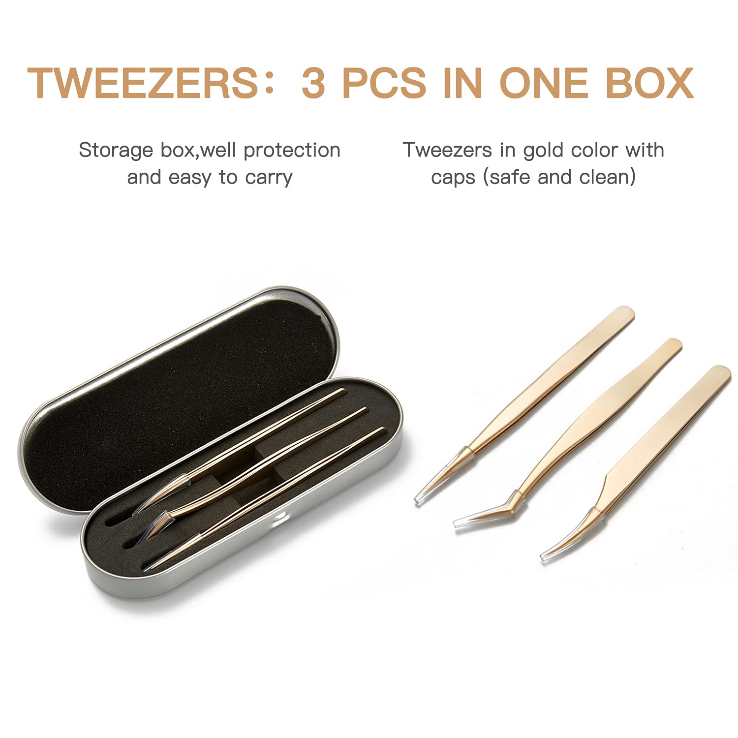 Eyelash Extension Tweezers, 3-Pack,Professional Stainless Steel Tweezers for Volume Lashes, Straight and Curved Tips for 3D-6D,Golden