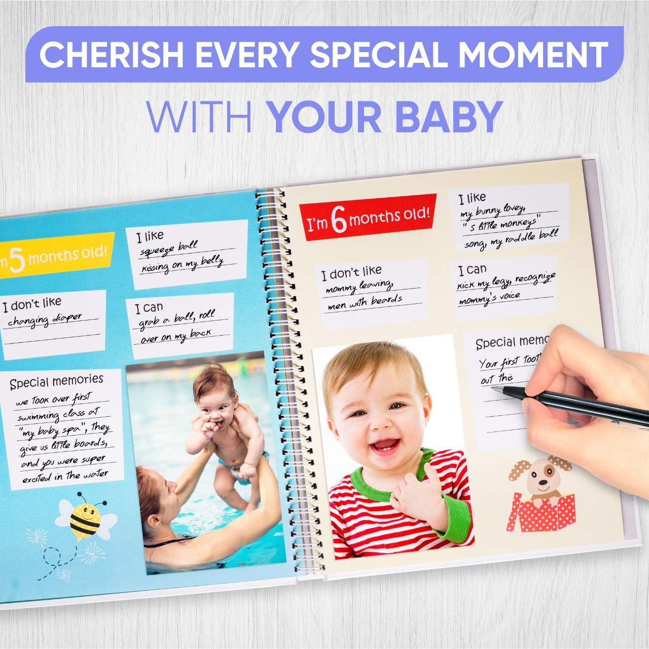 Baby Memory Book + Clean-Touch Ink Pad + 28 Monthly & Milestone Stickers. The Perfect Newborn Bundle for A New Mom by Tiny Gifts