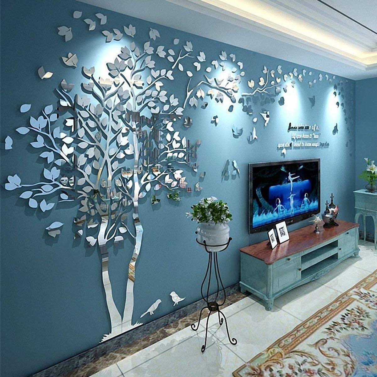 3D Tree Wall Stickers - DIY Tree and Birds Wall Decals Family Couple Tree Stickers Murals Wall Decor for Living Room Bedroom TV Background Home Decorations(Silver Left,M-98X51in)