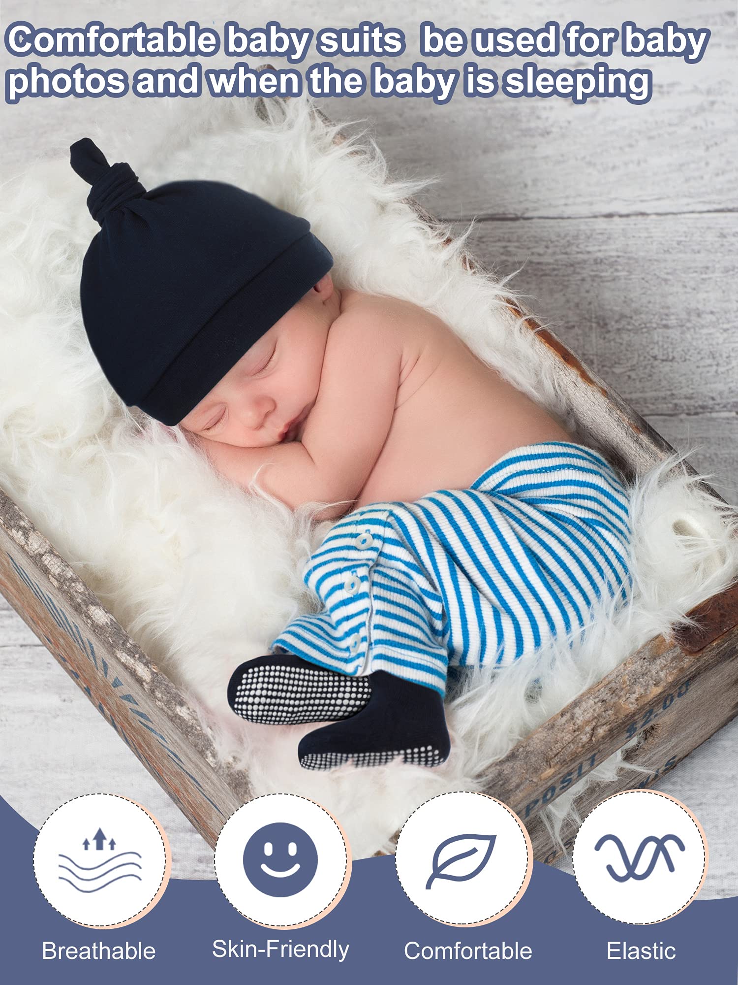 Baby Hats Newborn Knot Beanie No Scratch Mitten Non-Slip Sock for Boys and Girls (White, Gray, Black, Blue, Navy Blue,5 Sets)