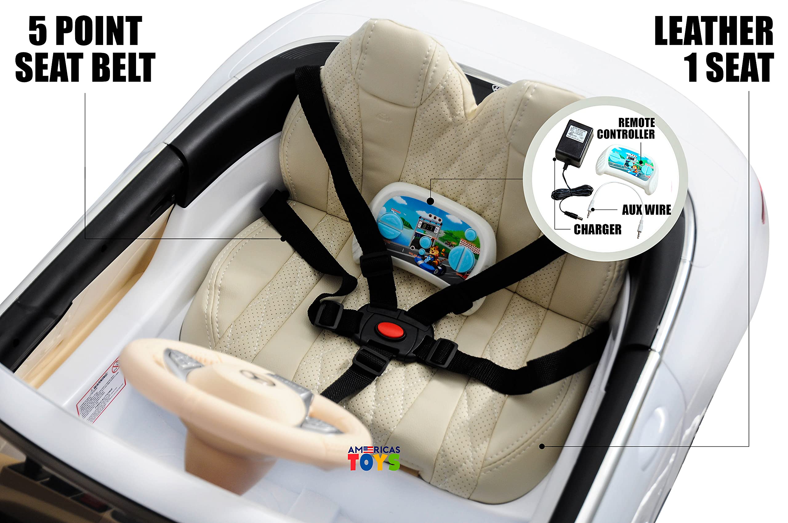 Americas Toys Car for Kids to Drive with Leather Seat, Mp4 Player, Bluetooth, Remote Control – Ride in Vehicle One Seater with Open Doors, 5 Point Safety Belt, Compatible with Mercedes Maybach White