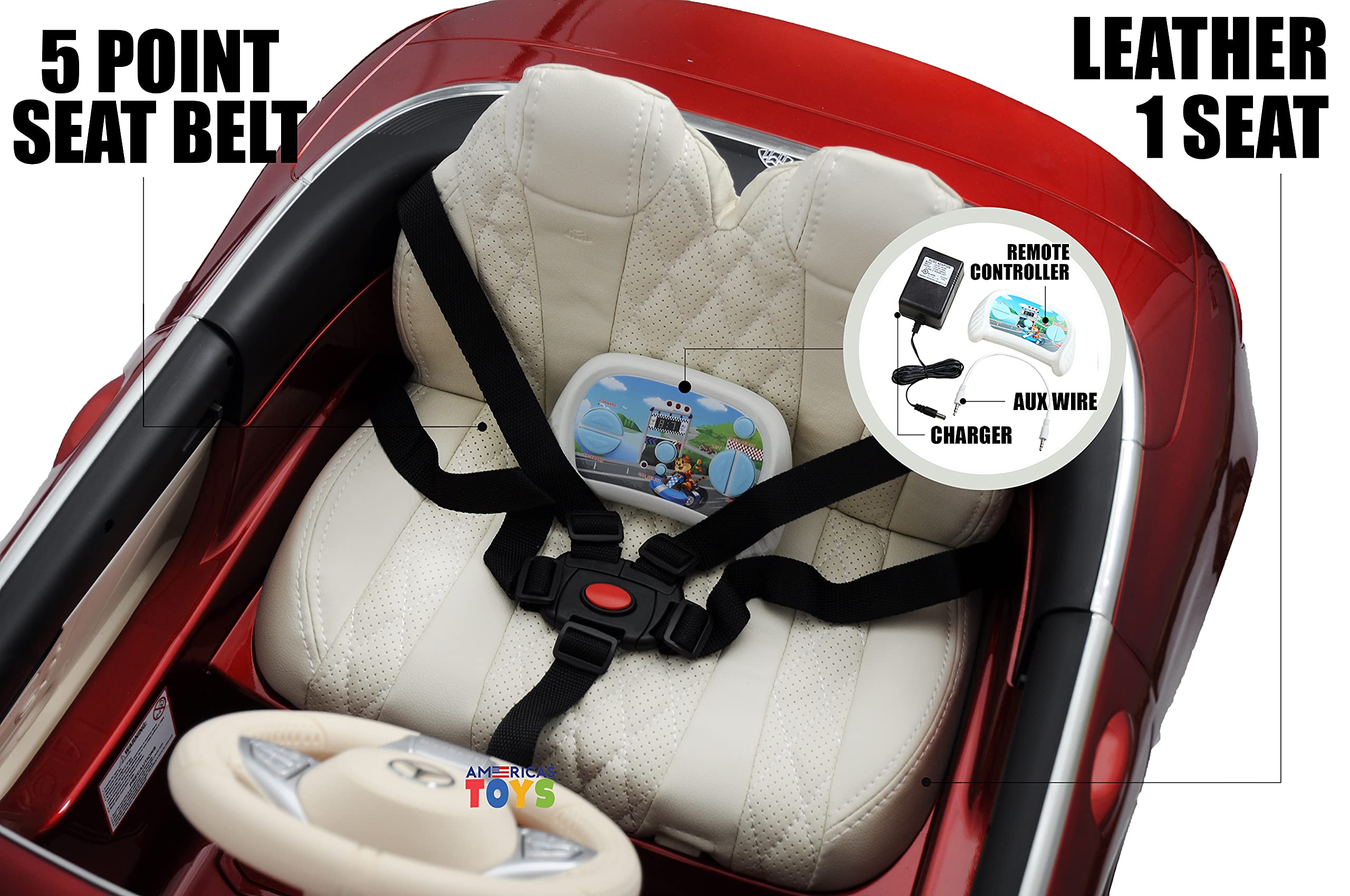 Americas Toys Kids Car with Mp4 Touchscreen, Bluetooth, Remote Control, Leather Beige Seat β Electric Car One Seater with Open Doors, 5 points Safety Belt, Compatible with Mercedes Maybach Painted Red