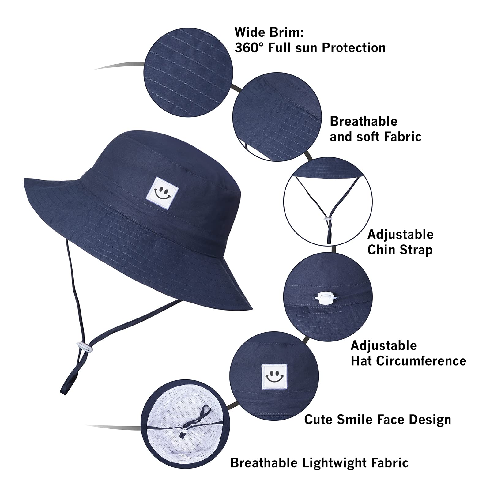 Baby Boy Sun Hat Bucket Hats for Toddler 6-12,12-24 Months 2pack Smile Face Grey/Navy