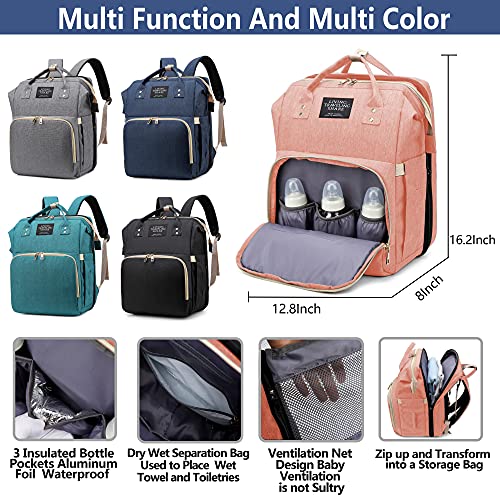 Lamroro Diaper Bag Backpack Foldable Baby Bed, Diaper Changing Station with USB Charging Port, Waterproof Multi-Functional Girl Boy Mom Travel Baby Diaper Bag, Large Capacity, Pink, 16.5x9x13 Inch