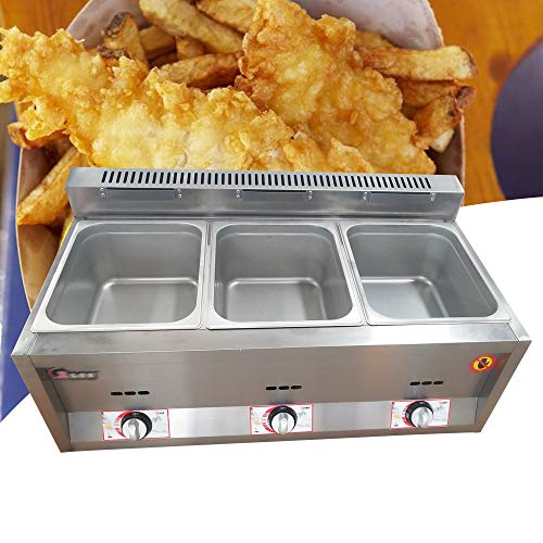 6L Commercial Gas Deep Fryer 3-Pan Countertop Stainless Steel Food Warmer Heater Restaurant Home Kitchen Adjustable Temp Steamer Cooking Heating Pot Tank, Silver