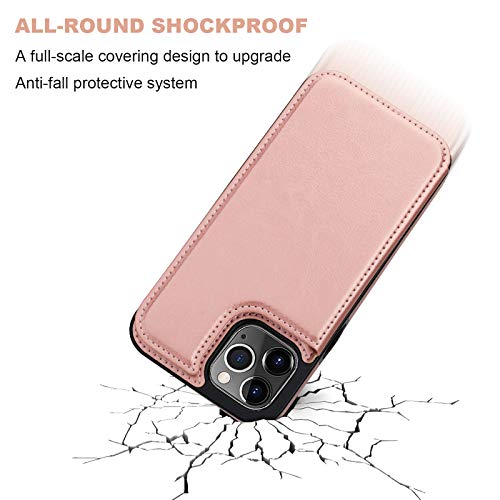 ONETOP Compatible with iPhone 12 Pro Max Wallet Case with Card Holder,PU Leather Kickstand Card Slots Case, Double Magnetic Clasp and Durable Shockproof Cover 6.7 Inch(Rose Gold)