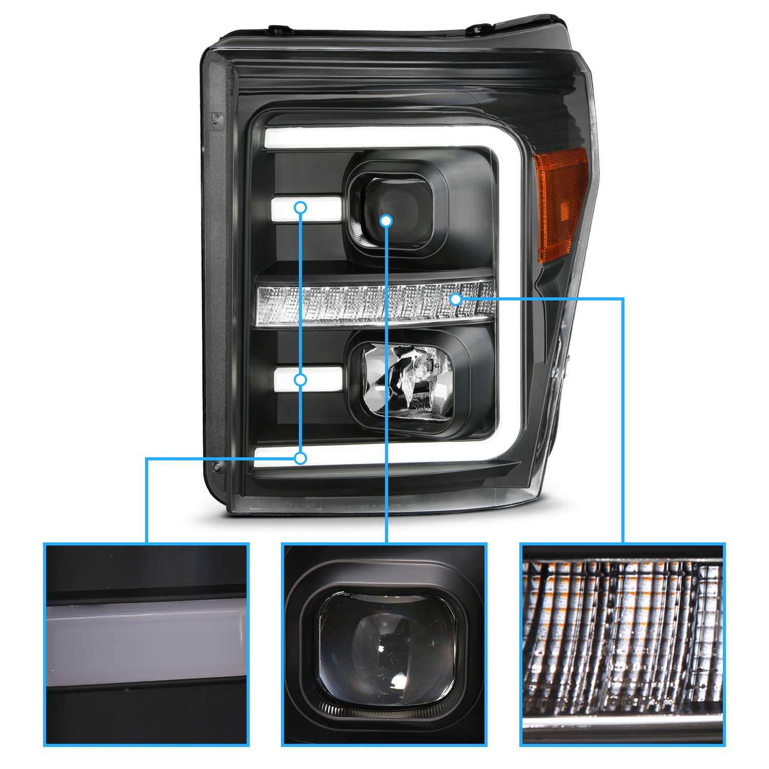 AmeriLite Replacement Headlights for 2011-2016 Ford F250/350/450 Super Duty Switchback LED Tube Projector Black Assembly Set - Passenger and Driver Side