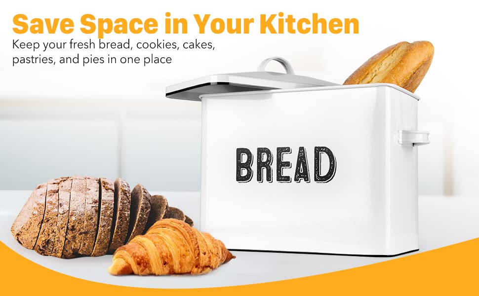 Granrosi Large Bread Box for Kitchen Countertop, Bread Storage Container, Breadbox, Bread Container, Bread Holder, Bread Keeper, Bread Boxes - Farmhouse Bread Box with Metal Lid - White