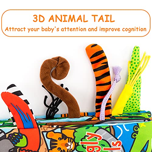 HECCEI Baby Cloth Books, Soft Toys Cloth Books, Touch and Feel Crinkle Books, Early Development Baby Stroller/Crib Hanging (Jungly Tails Cloth Book)