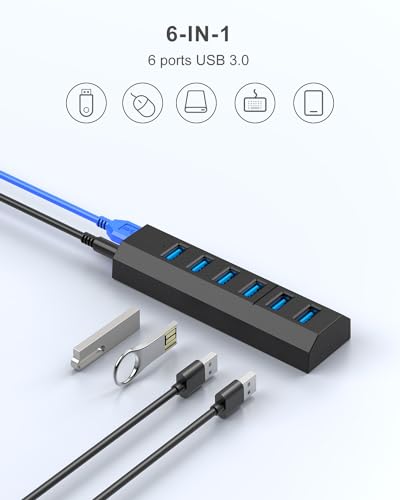 USB Hub, Aiibe 6 Ports Super High Speed USB 3.0 Hub Splitter + 10W Power Adapter + USB 3.0 Cable, Black Smart Fast Charger Powered USB Hub for Laptop, Mac, PC, Mobile HDD, Mulitple Devices