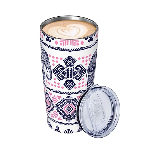 20oz Insulated Coffee Tumbler With Straw Stainless Steel Swig Tumblers,Travel Mugs Insulated For Hot And Cold,Reusable Thermal Water Bottle Cup For Car Camping Exercise(Mandala Bohemian Elephant )