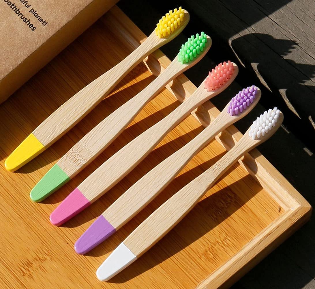 ECOPRO Kids Bamboo Toothbrushes 5 Pack Manual Toothbrush, Eco-Friendly Waterproof Wooden Handle Tooth Brushes Kit for Chidren