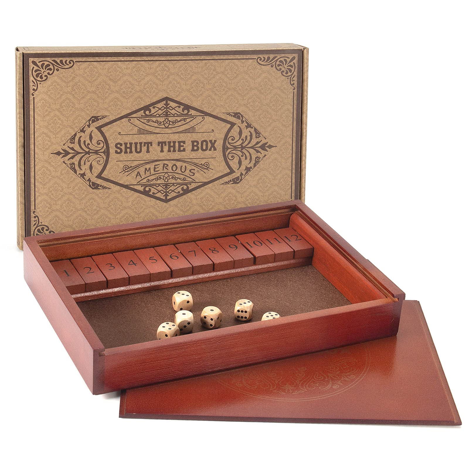 AMEROUS Shut The Box Dice Game,Wooden Board Table Math Game with Lid - 6 Dice - Gift Package - Rules, Classic Board Game for Kids Adults, Family