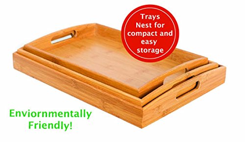 BirdRock Home 3 pc Breakfast Bed Tray (Rounded) - Bamboo - Cut Out Handles - Set of 3 - Bamboo - Nesting