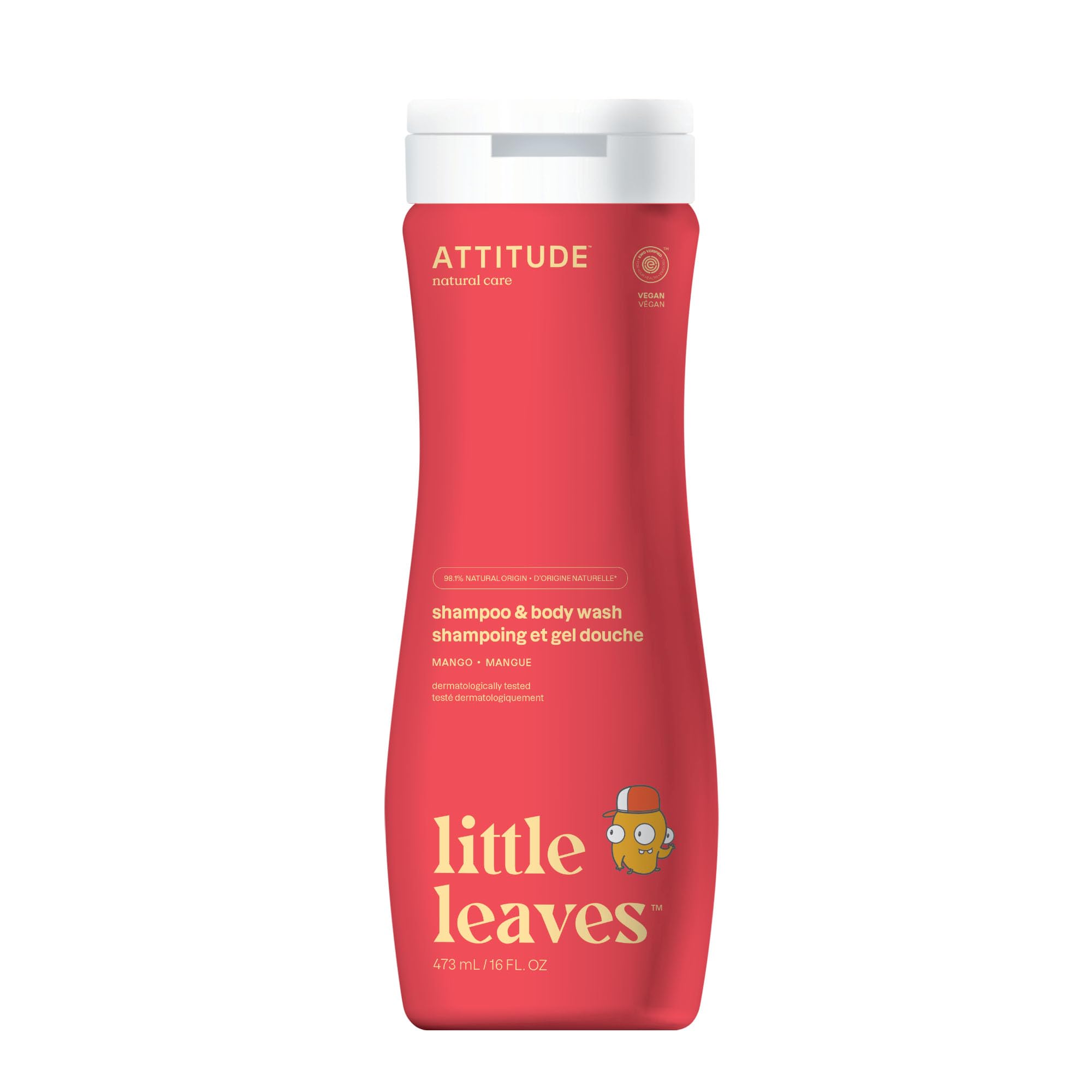 ATTITUDE Shampoo and Body Wash for Kids, EWG Verified Hair and Body Cleanser, Dermatologically Tested Soap, Plant and Mineral Based Bath Products, Vegan, Mango, 16 Fl Oz