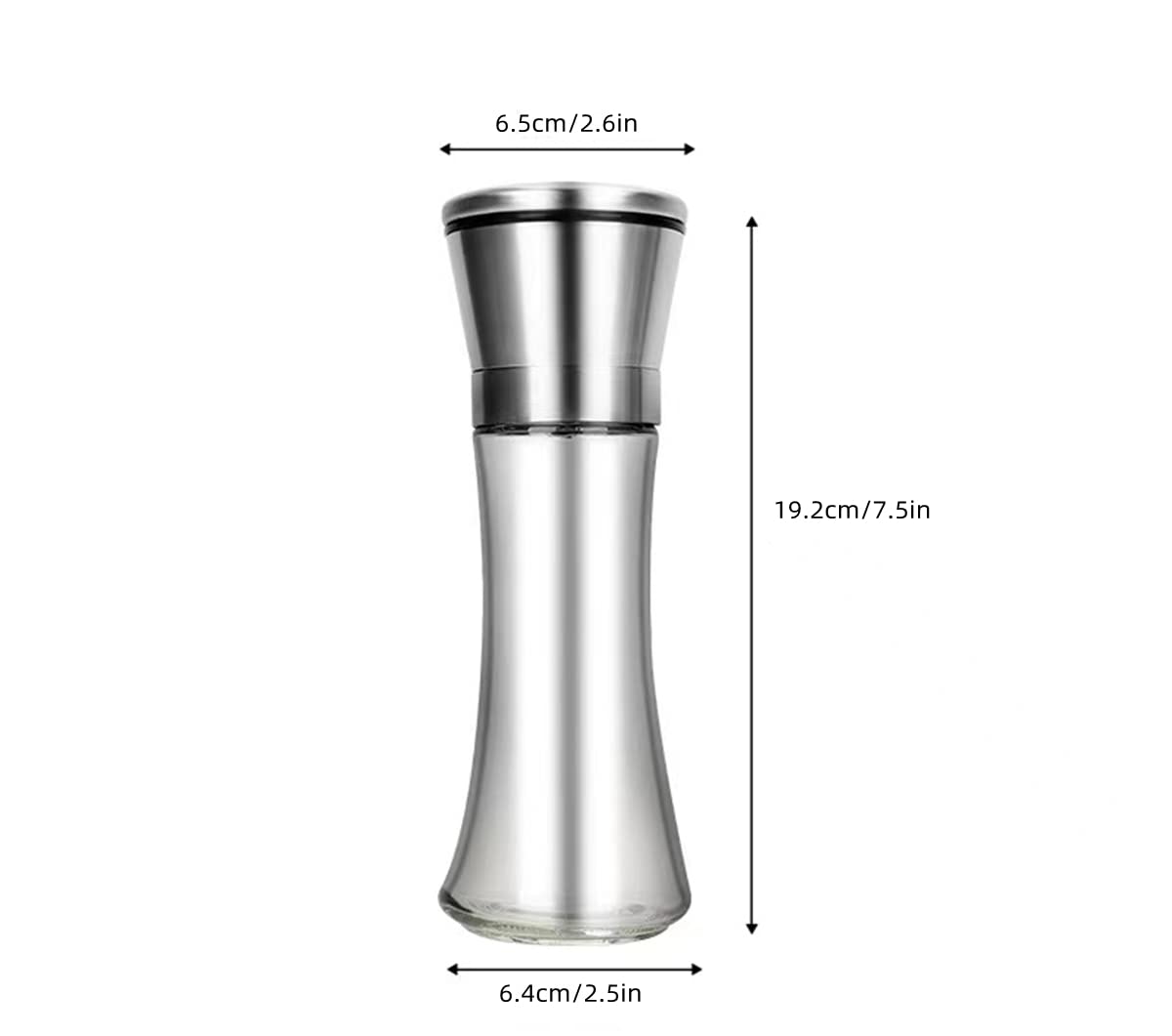 1pcs Pepper Grinder or Salt Grinder, Best Spice Mill with Ceramic Blades, Adjustable Coarseness, Brushed Stainless Steel Cap, and Refillable Tall Glass Body (7.5")
