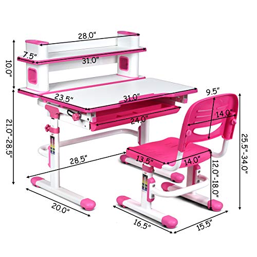 BABY JOY Kids Desk and Chair Set, Height Adjustable, Student Study Table with Storage Drawer, Bookshelf and Tilted Desktop, Children Writing Table for Studying, Reading and Drawing (Pink)