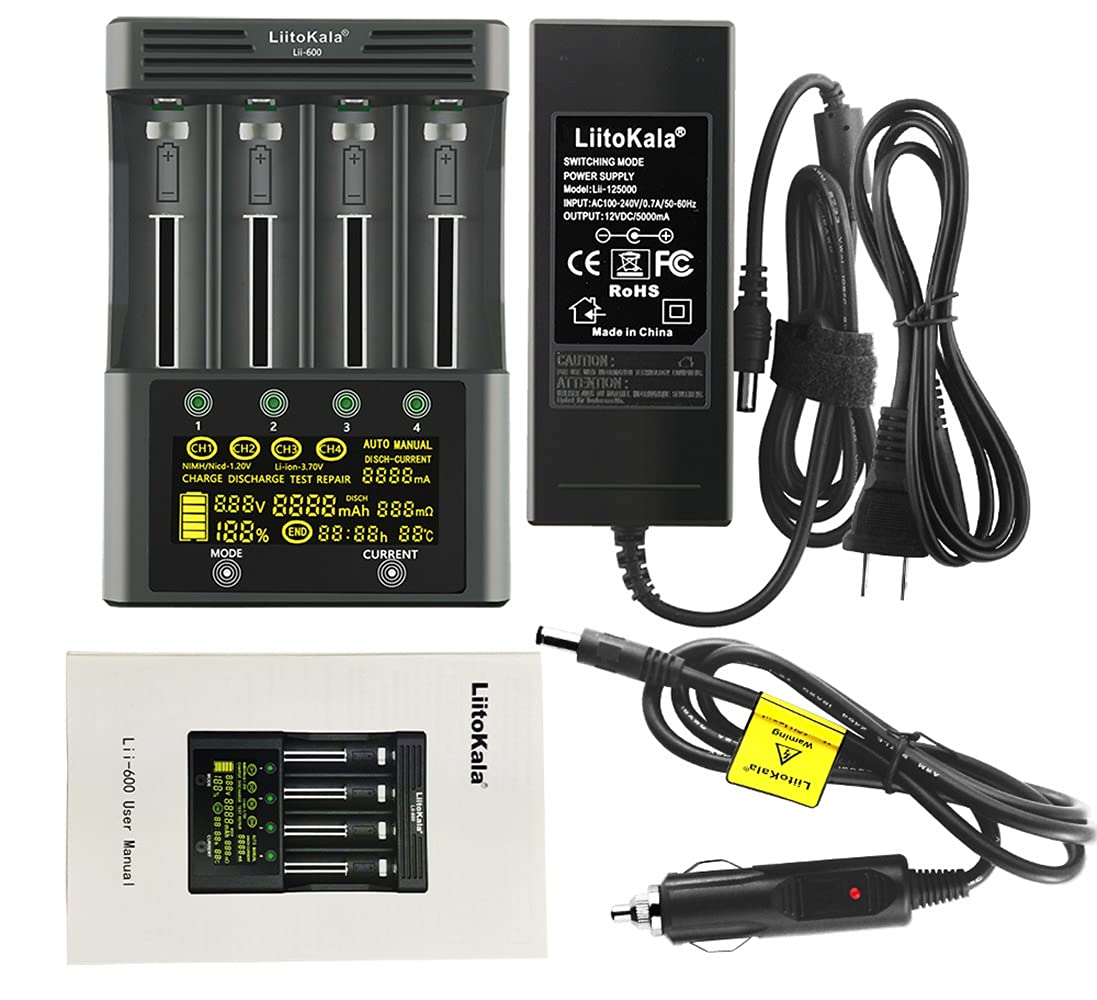 icover Universal Smart Battery Charger, LiitoKala lii-600 LCD Display 4 Slots Smart Charger Li-ion 3.7V NiMH 1.2V for Rechargeable Batteries 18650 26650 16340 14500 + Car Charger
