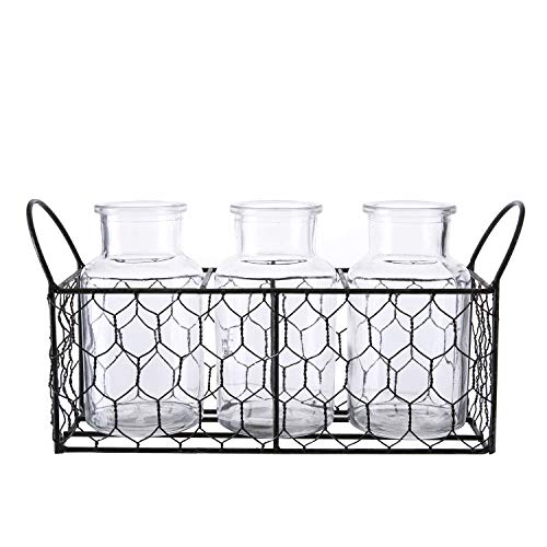 Diamond Star 3Pcs Clear Glass Milk Bottle Vases in Basket Caddy Vintage Style Jars Sets (3Pcs , 11"L X 3"W X 5.5"H)