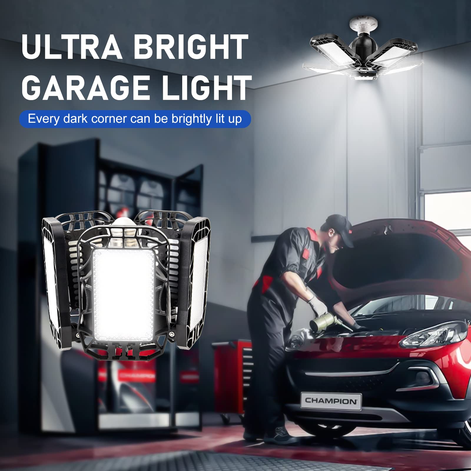 LED Garage Light 2 Pack, Deformable Garage LED Light 360° Illuminator Ultra Bright, 100W 6500K LED Garage Ceiling Lights with 5 Adjustable Panels E26/E27 for Garage Basement Bay Workshop