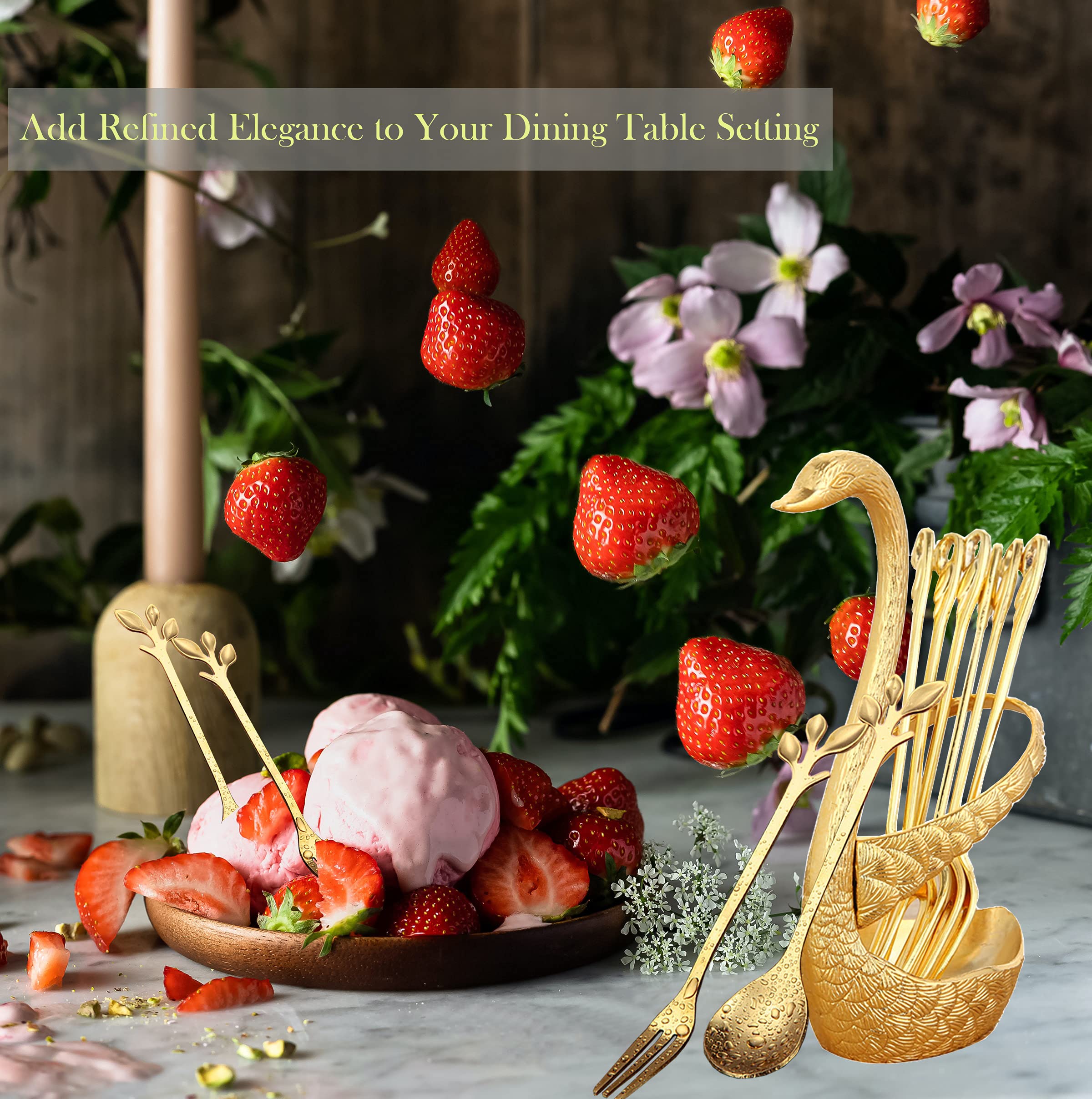 13 Piece Gold Mini Spoons and Forks with Swan Spoon Holder Small Spoons for Dessert Appetizer Spoons Stainless Steel Gold Serving Spoons Utensils for Coffee Tea Party Dessert Table