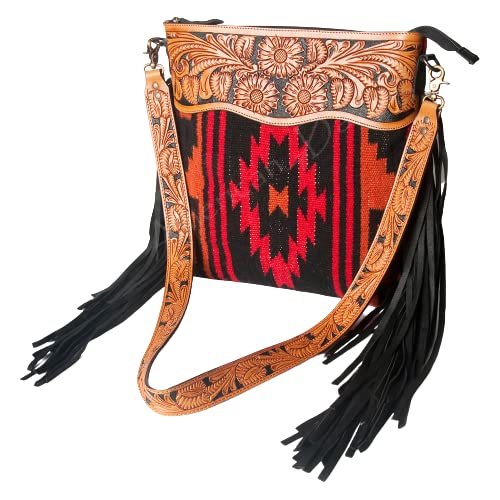 American Darling Large Leather Fringe Crossbody Bag Vintage Quilted Saddle Blanket Western Handbags Cowhide Handmade Shoulder Handbag Hand-Carved Strap ADBGZ555