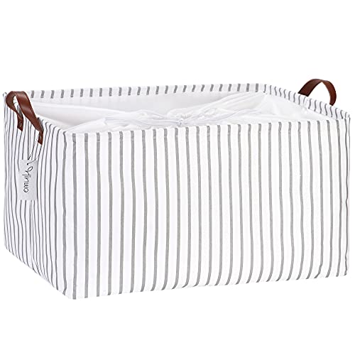 Hinwo 70L Extra Large Capacity Storage Basket Canvas Storage Bin Collapsible Storage Box with PU Leather Handles and Drawstring Closure, 22 by 15 inches, Waterproof Inner Layer, Grey Vertical Stripe