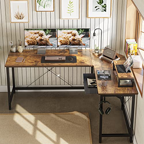 CubiCubi 66 x 47 inch L-Shaped Desk Computer Corner Desk, Home Office Gaming Table, Sturdy Writing Workstation with Small Table, Space-Saving, Easy to Assemble, Rustic Brown