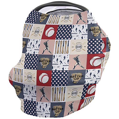 Baby Nursing Covers for Breastfeeding, Baby Car Seat Canopy Covers Scarf for Boys Girls, Baseball Sport Canopy, Stretchy Soft Breathable Poncho Infant Stroller Cover, Red Navy Blue