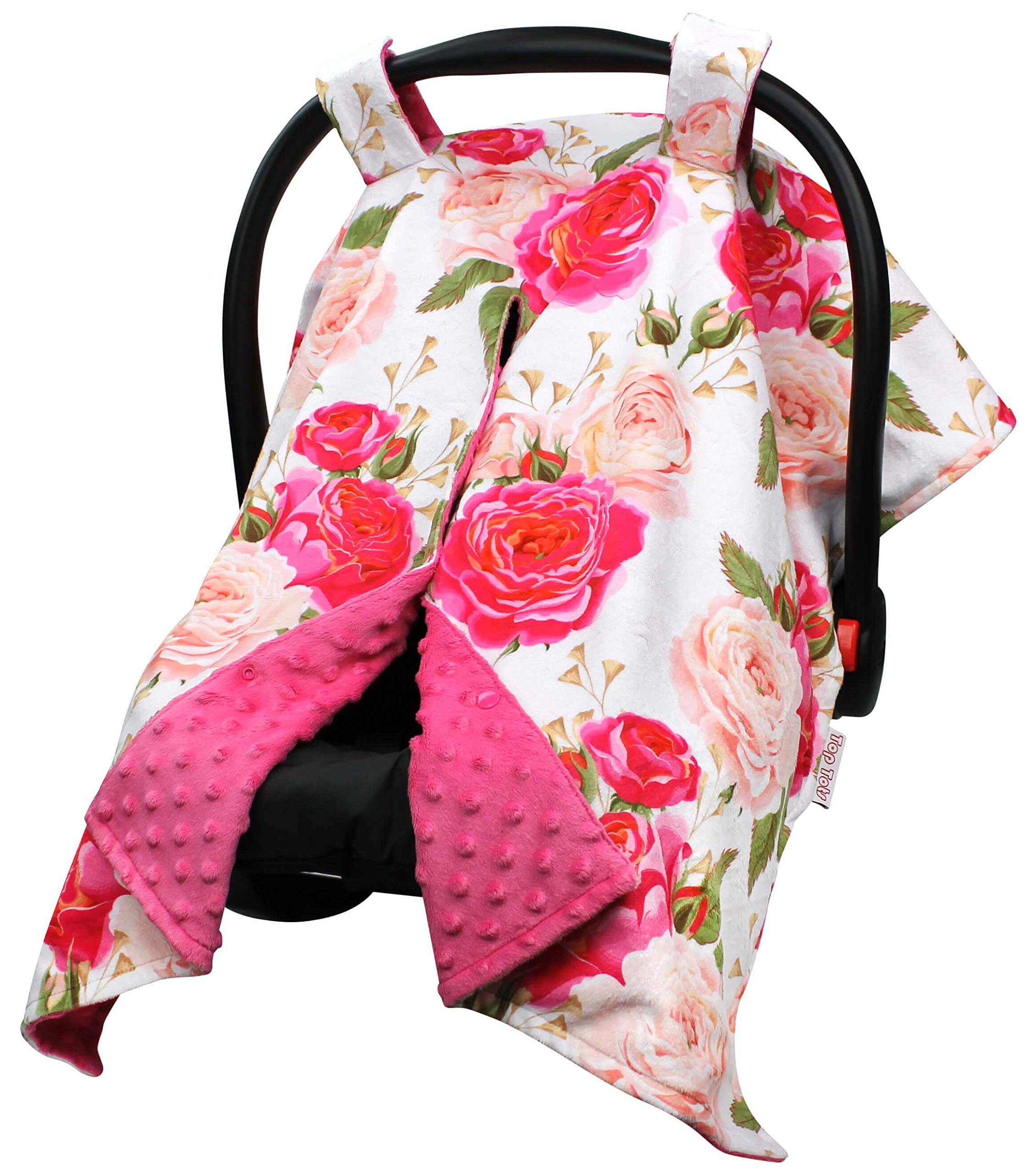 Baby Car Seat Canopy Cover - Hot Pink on White Roses