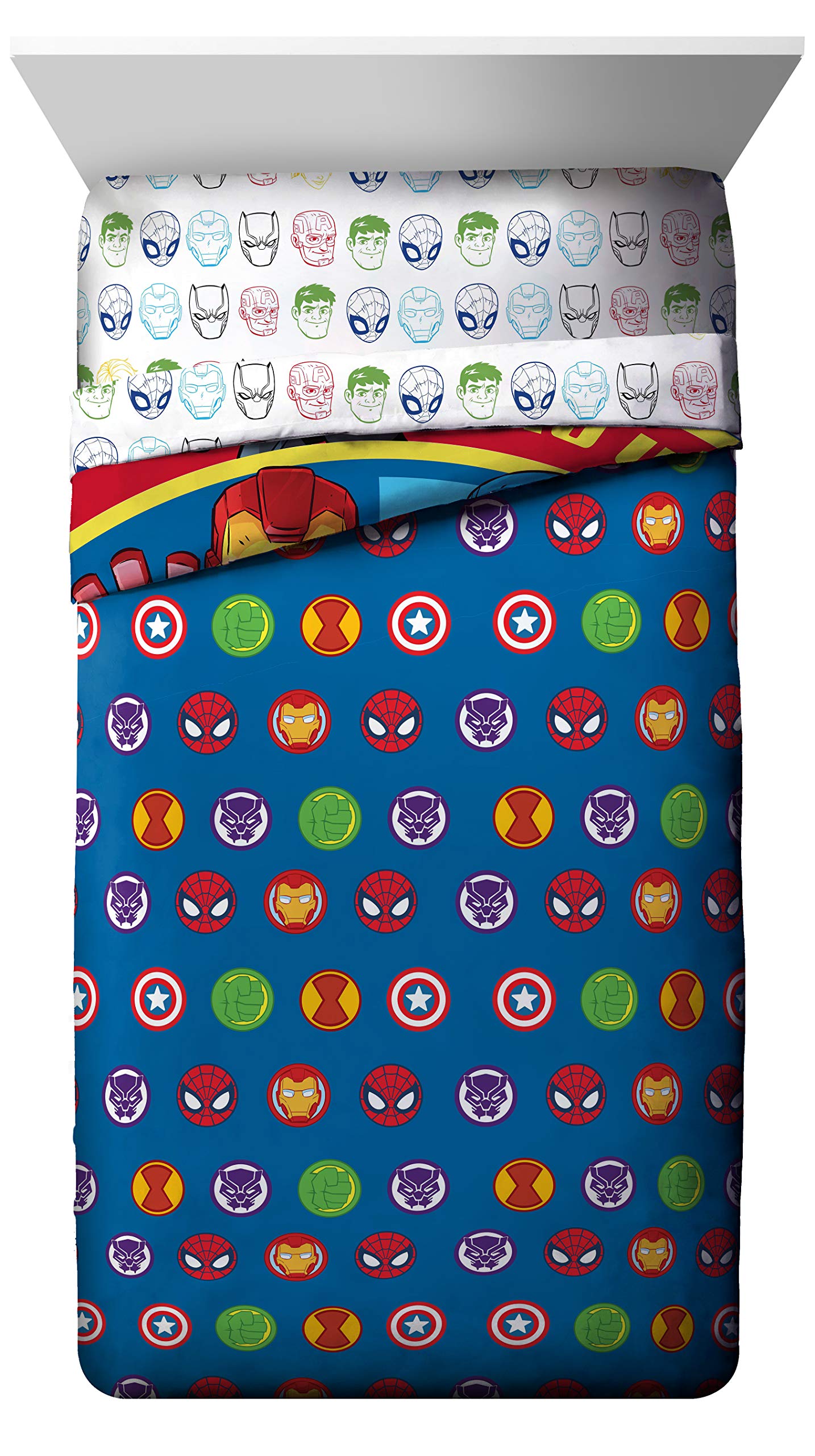 Jay Franco Marvel Super Hero Adventures Double Team 4 Piece Toddler Bed Set Super Soft Microfiber Bed Set-Bedding Features Captain America,Spiderman, Iron Man & Black Panther Official Marvel Product