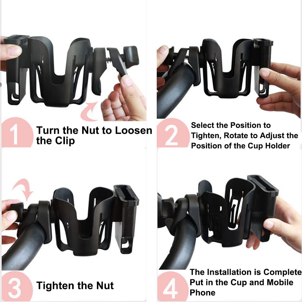2 in 1 Stroller Cup Holder with Phone Holder Organizer for Parent, Baby, Toddler, Universal Strollers Storage Rack with Stroller Hooks for Stroller, Bike, Wheelchair, Walker, Pushchair(Black)