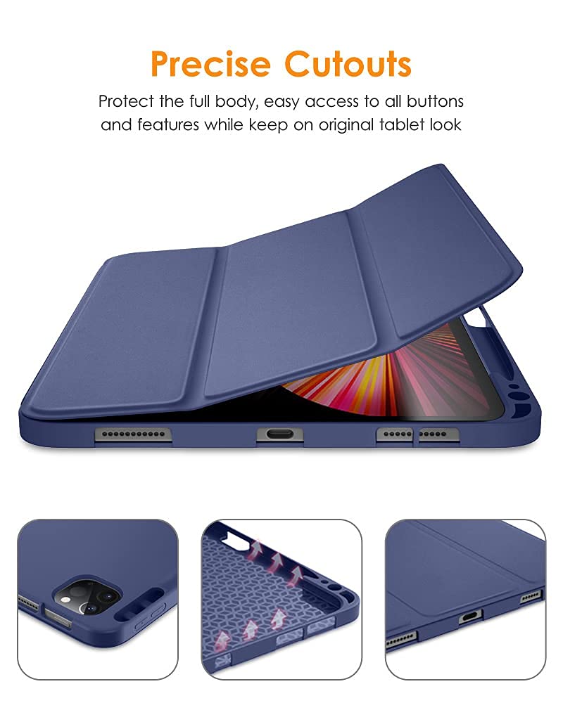 DTTO for iPad Pro 11 inch 4th/3rd/2nd/1st Generation 2022/2021/2020/2018 Case, Smart Slim Trifold Stand Soft TPU Back Cover with Built-in Pencil Holder, Also Fit iPad Air 5/4,Navy Blue