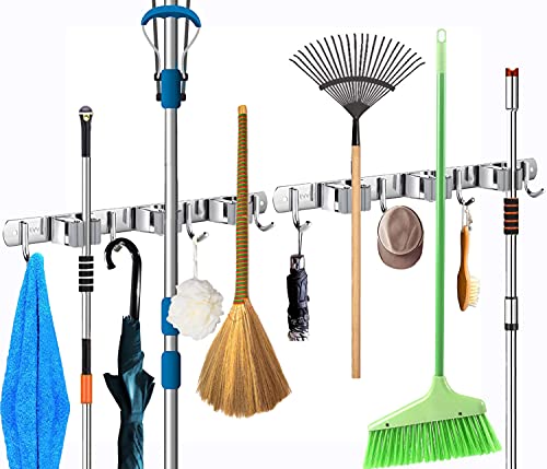 EVV Broom Holder Wall Mount 2 Packs Broom Holder Organizer with 3 Utility Racks 4 Hooks,Broom Mop Hanger,Organizer,Holder, Hooks,Storage for Laundry Room Garden Garage Closet Kitchen