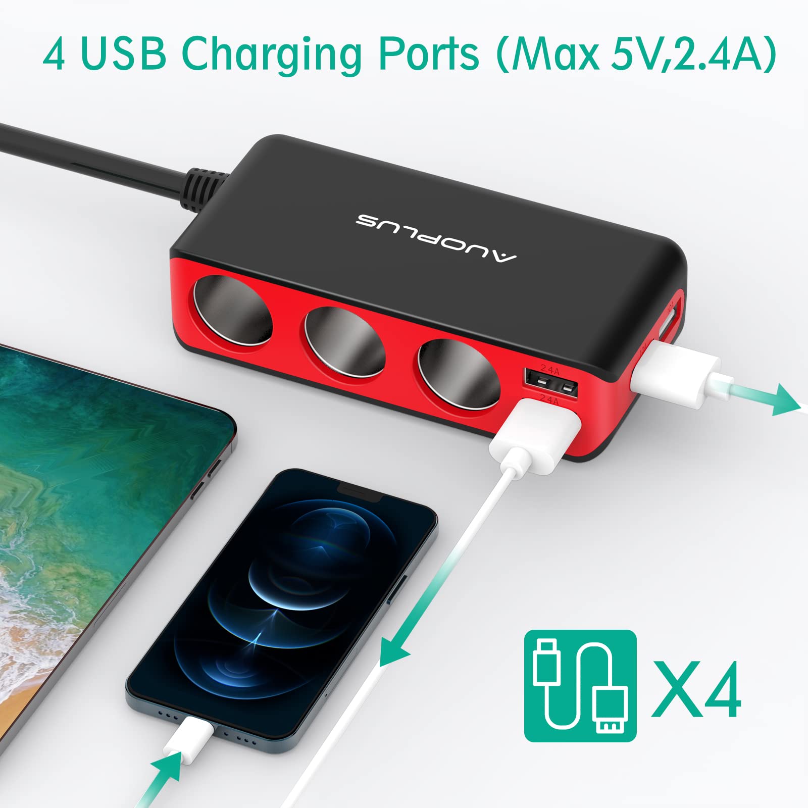 AUOPLUS 120W 3 Socket Cigarette Lighter Splitter Car Charger Adapter, LED Voltage Display Dual 4 USB Chargers(6.8A), Car Charger On/Off Switches 12V for iPhone iPad Samsung GPS Dashcam