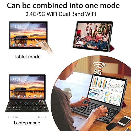 2 in 1 Tablets 10 Inch Android 11 with Keyboard Mouse, 4GB RAM+64GB ROM/128GB Upgrade Tablets, Dual 5G WiFi, Quad Core, Dual Camera, 6000mAh, WiFi, GPS, Bluetooth, Google Store Phones (Red)