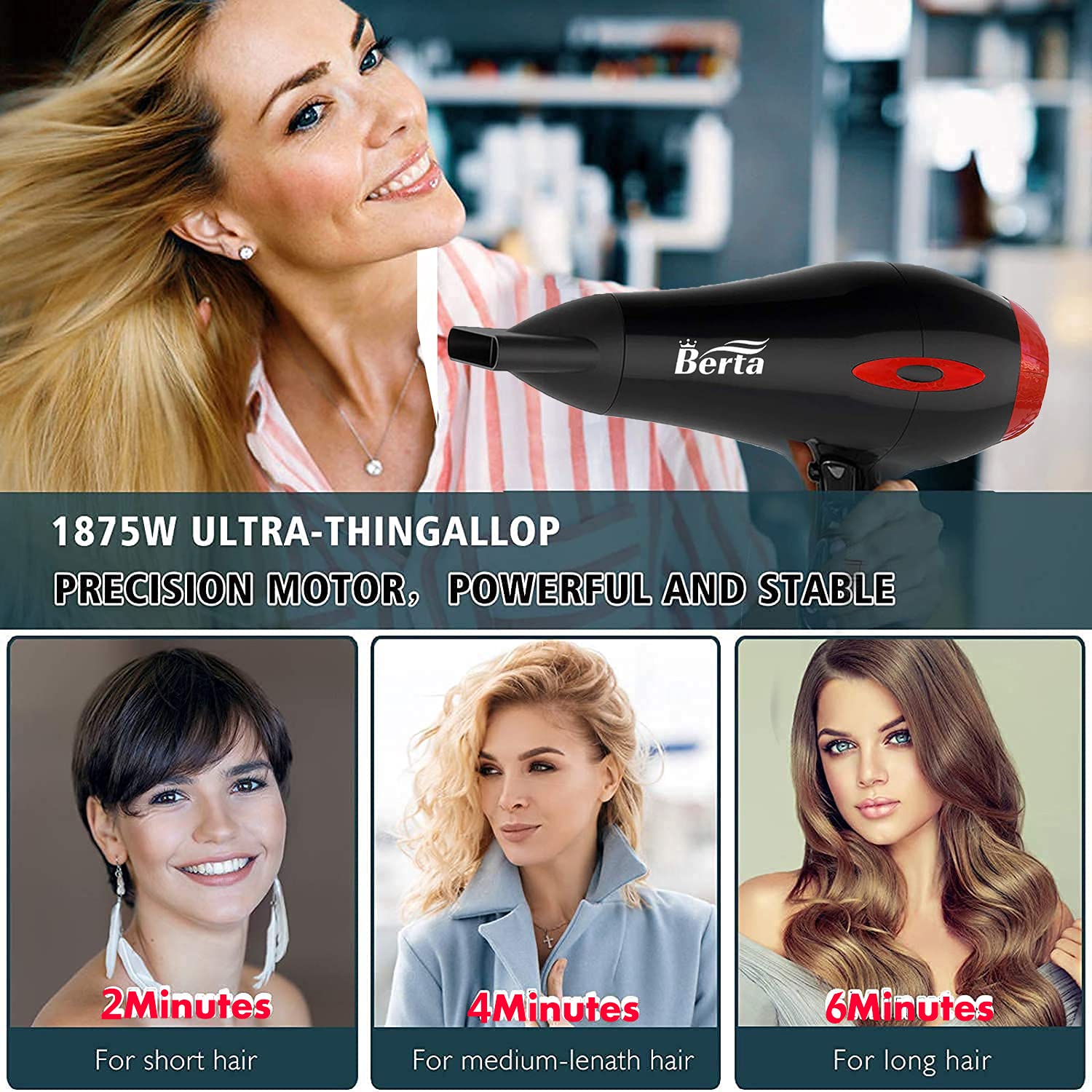 1875W Professional Salon Hair Dryer, Negative Ionic Berta Blow Dryer,AC Motor Powerful Hair Dryers with Concentrator ,2 Speed and 3 Heat Settings