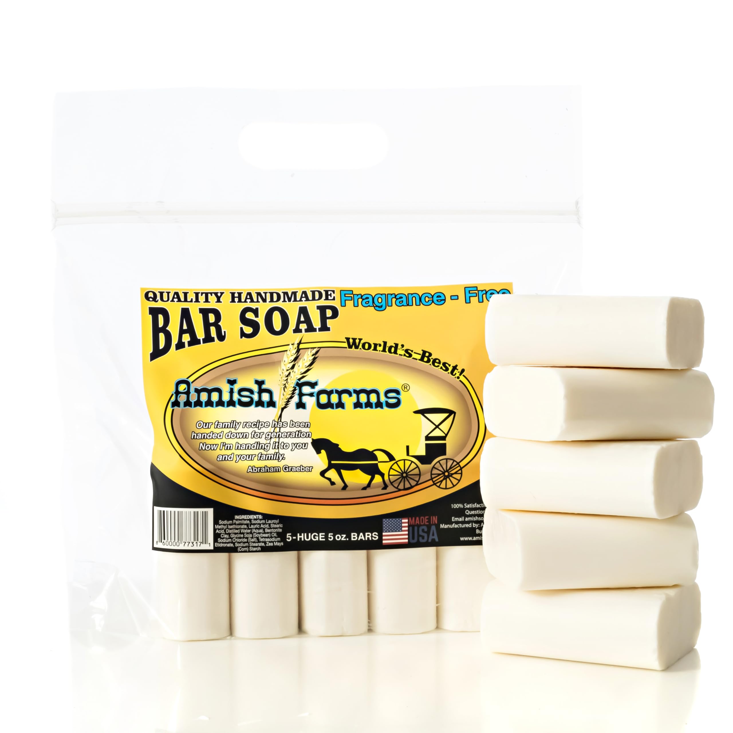 Amish Farms Fragrance-Free & Dye-Free Natural Bar Soap for Sensitive Skin (Huge 5 Bars) - Made in USA, Moisturizing Native Unscented Bar Soap (5-Pack)