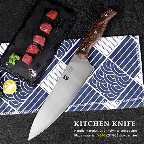 KEENSUN Chef Knife - 8 Inch Professional Kitchen Knife Rust Resistant VG10 Stainless Steel Chef Kitchen Ultra Sharp Cooking Knife,Orange-Black Damascus Pattern G10 Handle,Matte Knife Blade