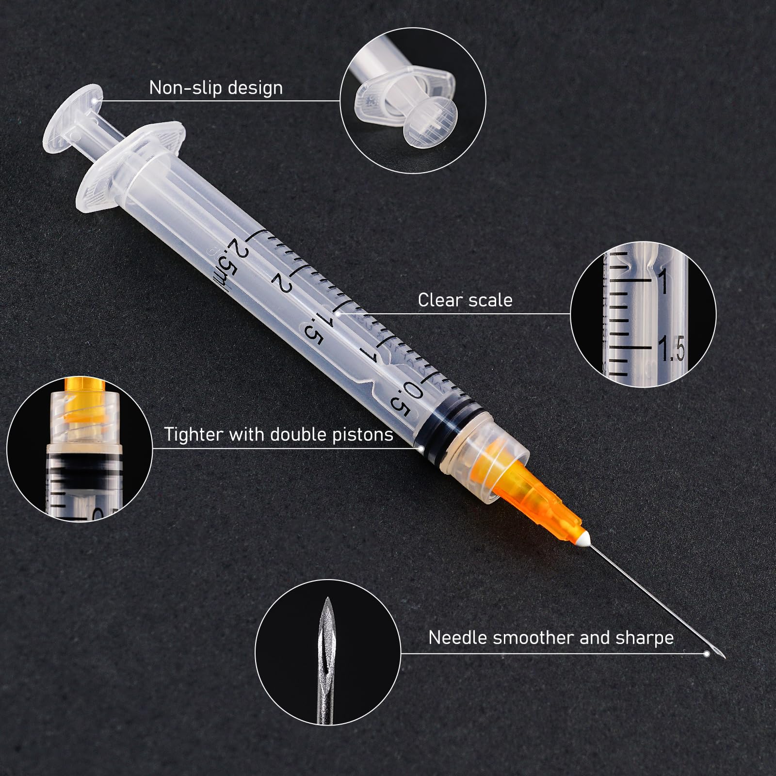 2ml Luer Lock Syringe With 25 Gauge 1 Inch Needle,Disposable Individual Package,Pack of 20