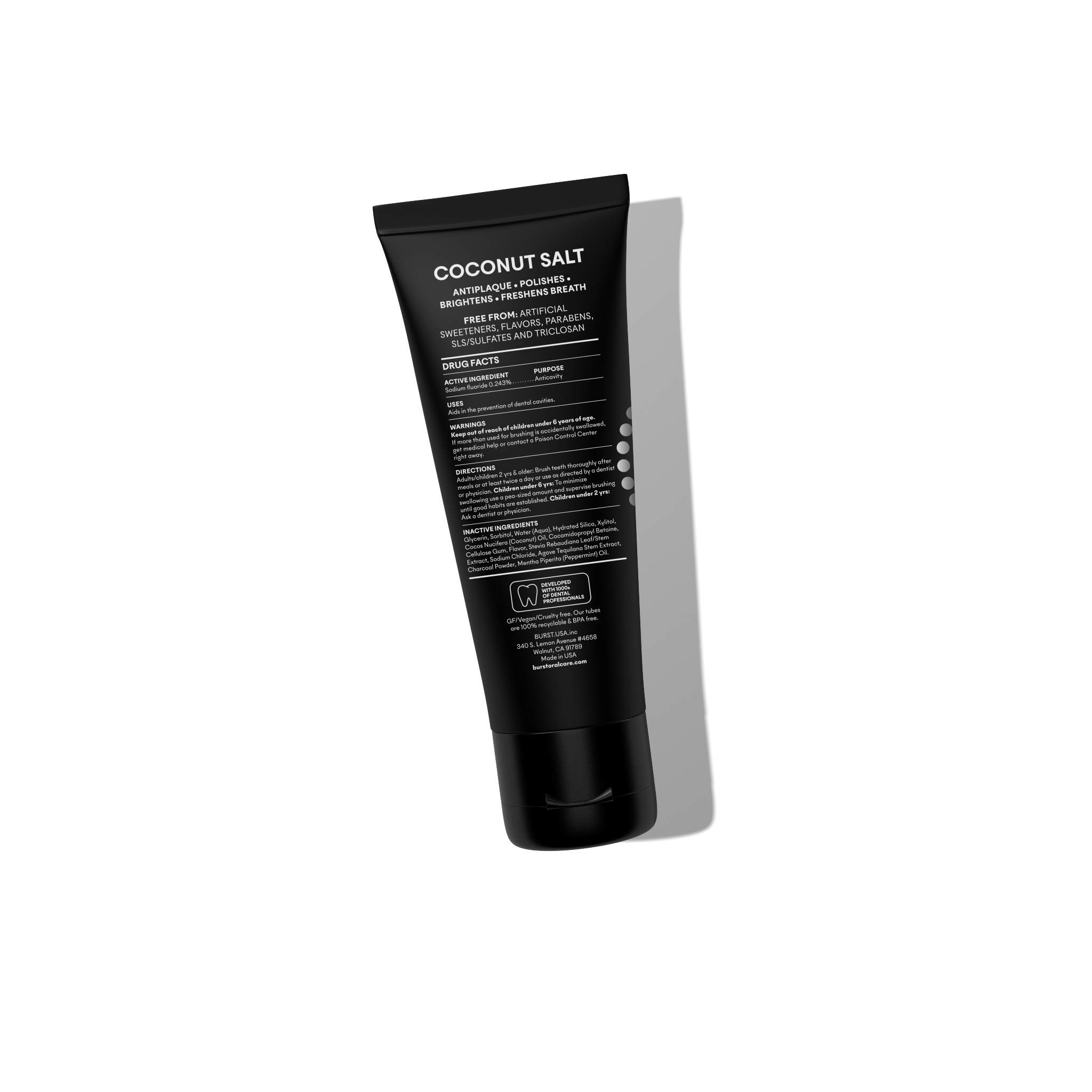 BURST Charcoal Whitening Toothpaste for Adults (4.7oz/2 Pack) | for Sensitive Teeth with Cavity Fighting Fluoride & Xylitol | Vegan | Gluten & SLS Free | Coconut Salt
