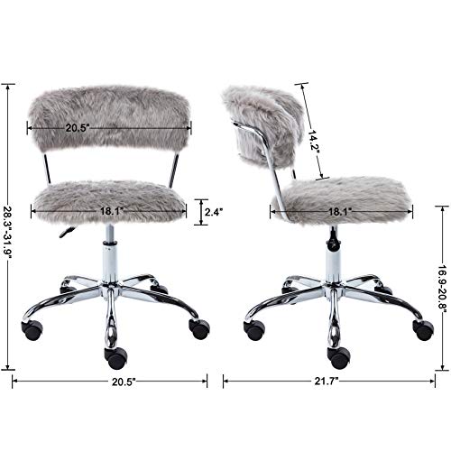 Grey Comfy Home Office Chair, Modern Cute Fluffy Armless Task Chair with Wheels, Faux Fur Upholstery