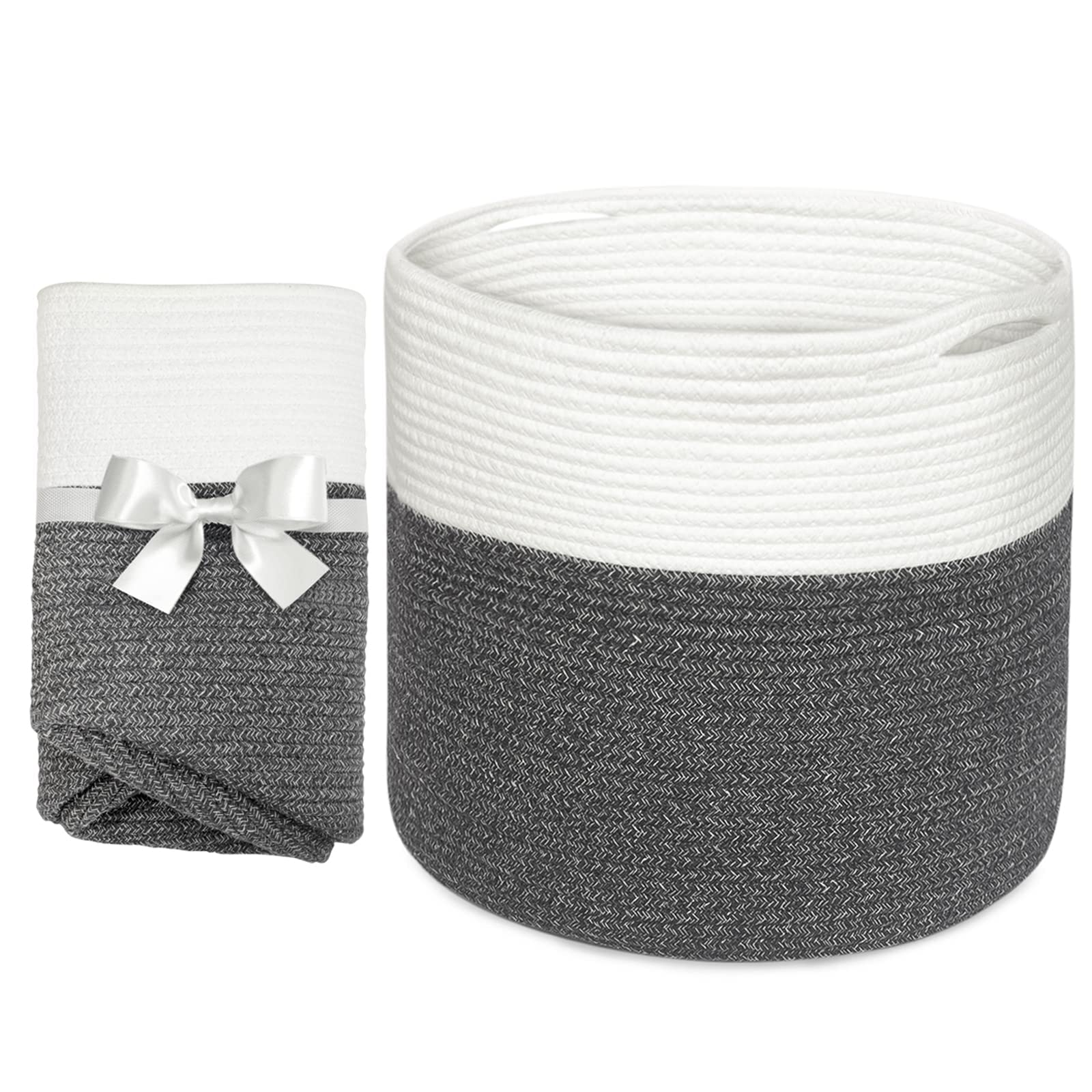 Rope Storage Basket with Handles Large, Cotton Woven Blanket Basket Nursery Hamper Bin, 16" x 16" x 14" Organizer for Toys, Laundry, Books and Baby Blankets