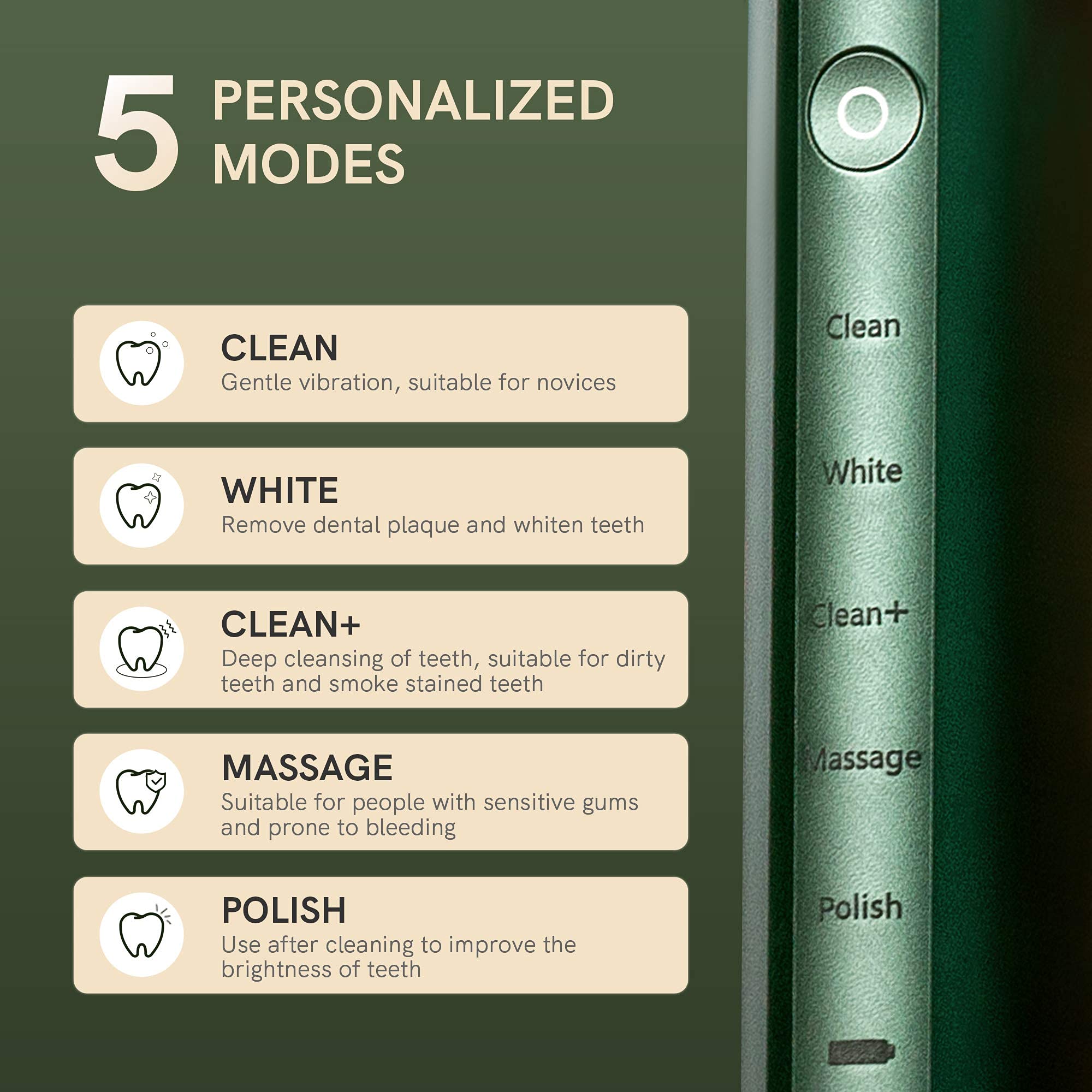 Flexforce Electric Toothbrush Adult, Rotating, Whitening Teeth Without Hurting Gums, 4 Replacement Toothbrush Heads, 1 Travel Box, 1 Dental Floss, Inductive Rechargeable, 5 Cleaning Modes, Green