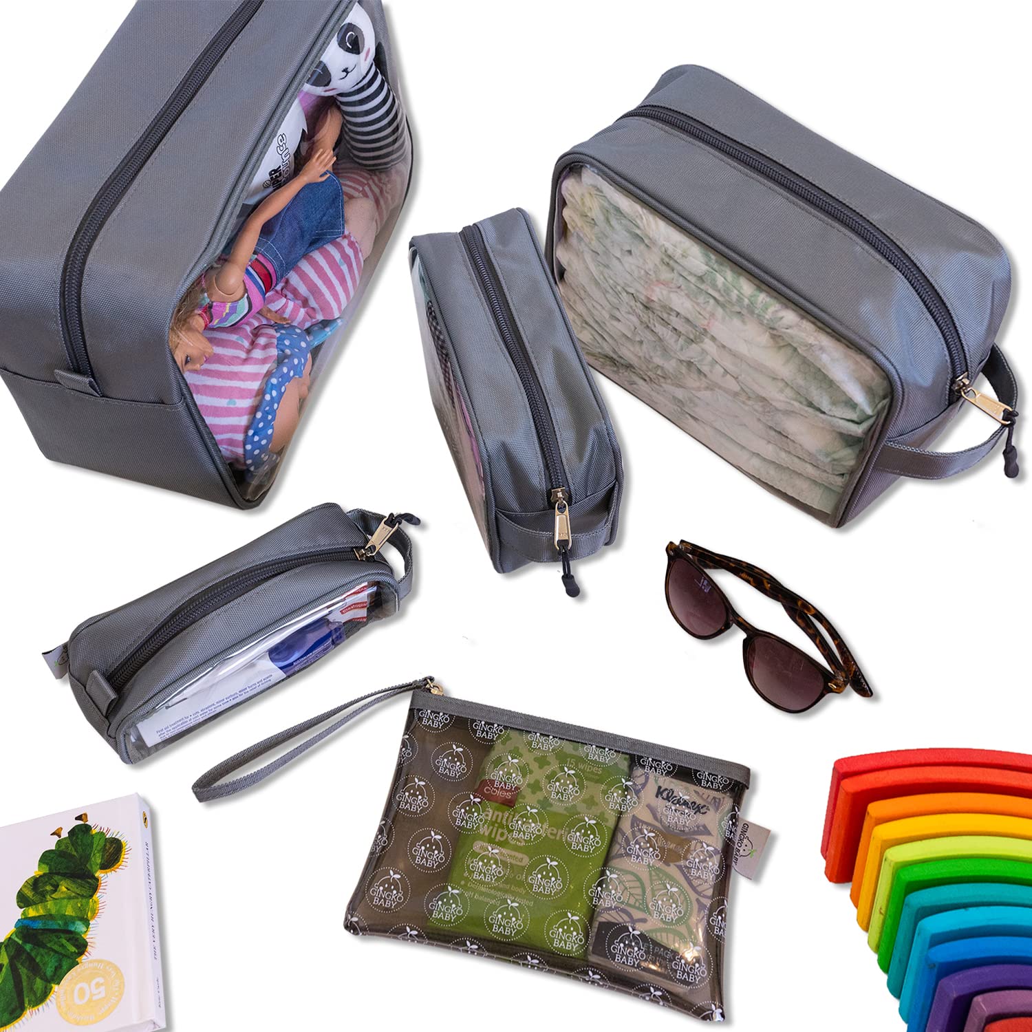 Gingko Baby Supa Tough Diaper Bag Organizing Pouches Set of 5 - Premium Quality Clear Organizer Inserts - Versatile Wipe Clean Baby Packing Cubes - Nursery and Travel Organization (Silver Grey)