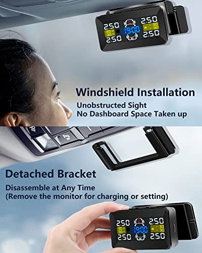 2023 Upgrade Tire Pressure Monitoring System 【Detached Bracket】 Wireless Solar TPMS Monitor System Accuracy 0.01Bar Installed on Windowshield Real-Time Display 22-87 PSI for Car RV SUV