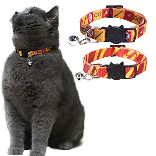 Coomour 2PCS Halloween Cat Collar Safely Breakaway Magic Stripe Pattern Adjustable Kitty Collars with Cute Bell for Cats Kitten (Red)